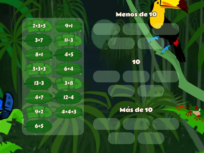 Operaciones en la selva. Ubica cada suma o resta en la columna correcta. - Group sort