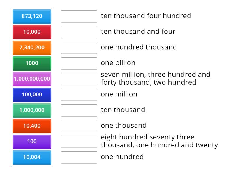 Large numbers A1 - Match up
