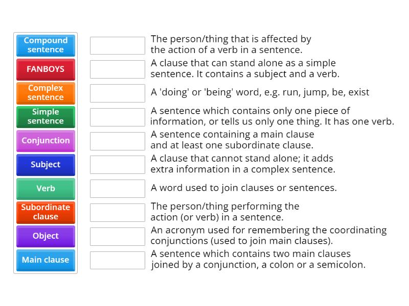 Match the definitions - sentence structure - Match up