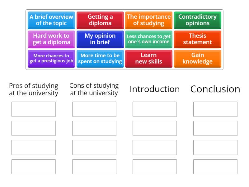 Essay planning : Pros and cons of studying at the university - Group sort
