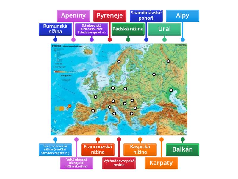 Evropa - pohoří a nížiny - Označený diagram