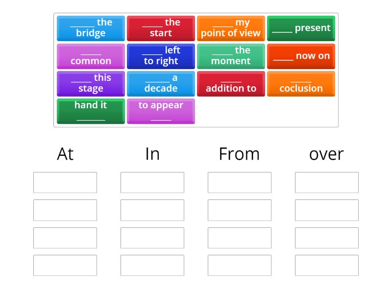 Collocations With Prepositions: At, In, From, Over - Group sort