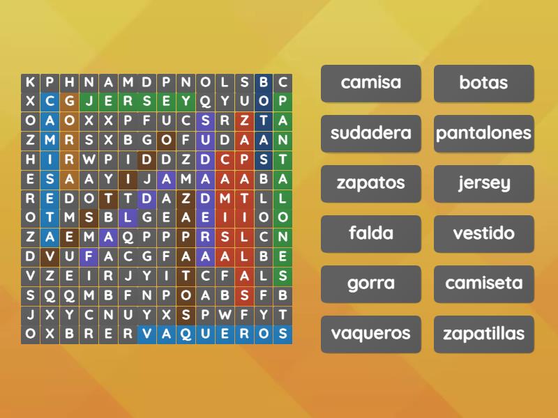 sopa letras LA ROPA (pistas en español) Y8 mod4.4 WH - Wordsearch