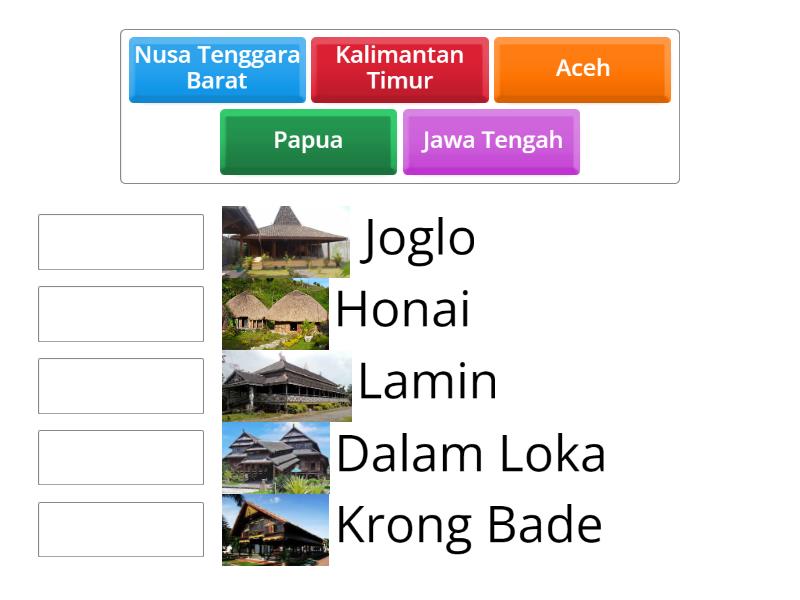 Pasangkan gambar Rumah Adat berikut, dengan asal daerahnya - Match up Pasangkan gambar Rumah Adat berikut, dengan asal daerahnya - Match up