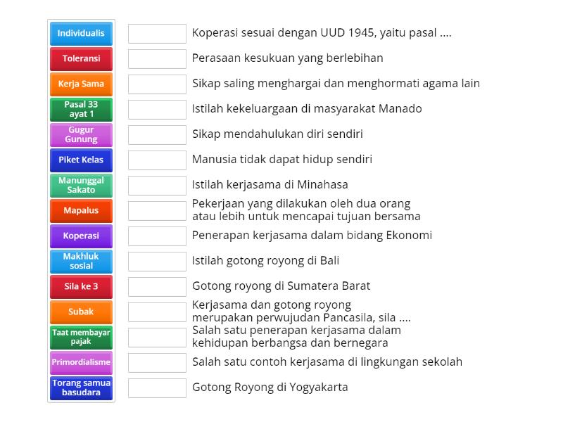 Kuis PKN Kerjasama dan Gotong Royong - Match up