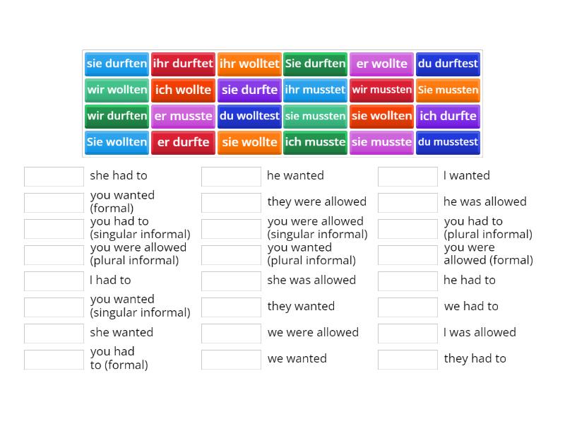 German modal verbs imperfect tense - wollen müssen dürfen - Match up