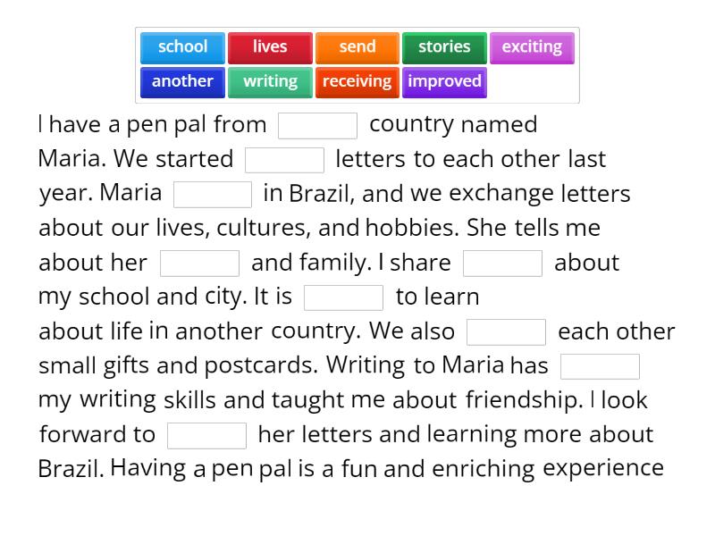 My Experience with a Pen Pal-Reading grade 6 - Complete the sentence