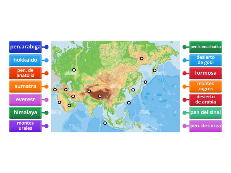 mapa de asia fisico: peninsulas y relieve - Gambar rajah berlabel
