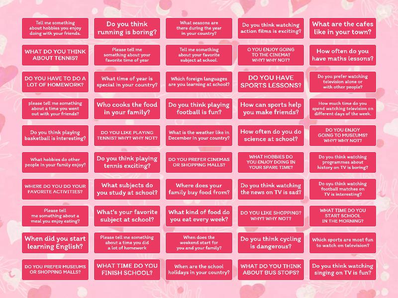 Hearts - KET Speaking Exam Practice Questions - Flip tiles