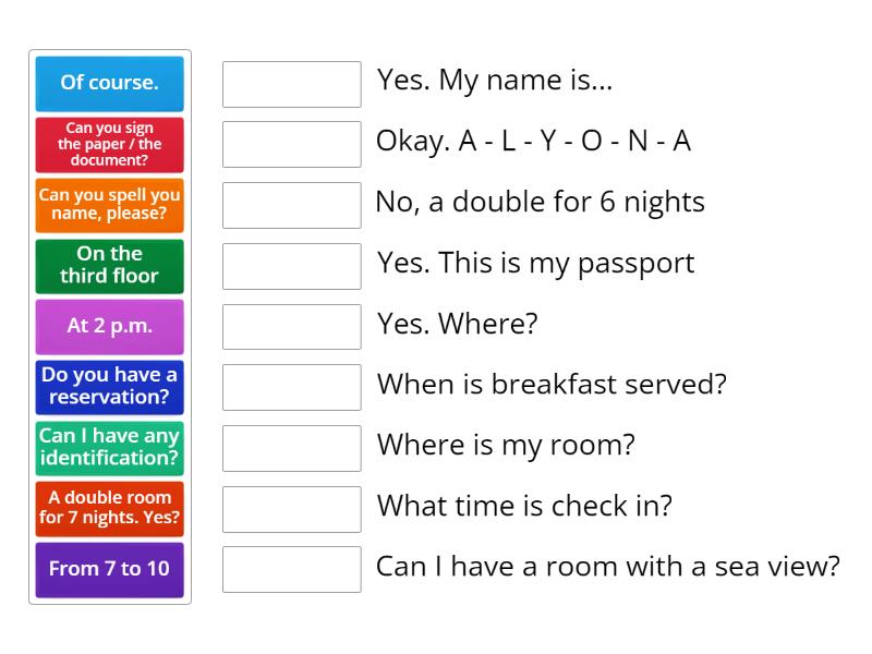 Hotel dialogues Check in - Match up