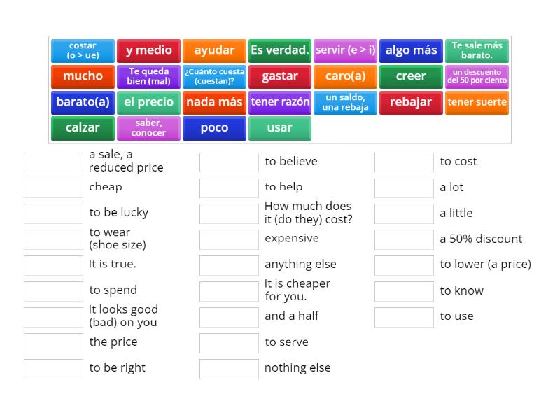 Chapter 9 Vocabulary: en la tienda de ropa (Part 2) - Une las parejas