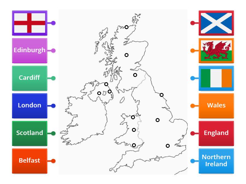 Label countries, capital cities and flags of The United Kingdom ...