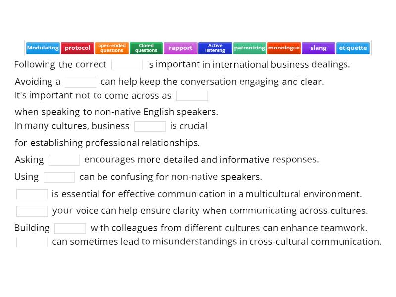Cross-Cultural Communication - Vocabulary 2 - Completar la frase