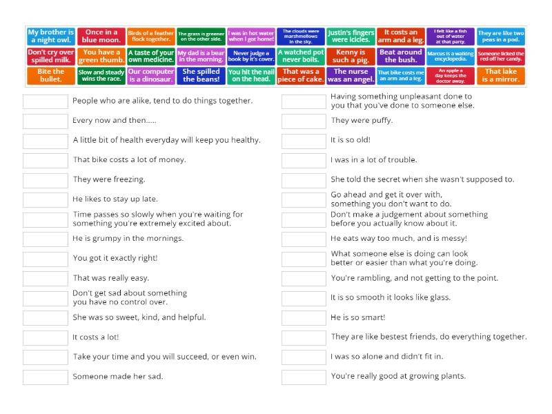 Idioms, similies, adages, metaphors, and other parts of speech. - Match up