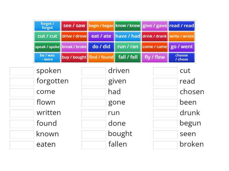 Irregular verbs PAST AND PAST PARTICIPLE FORMS - Match up