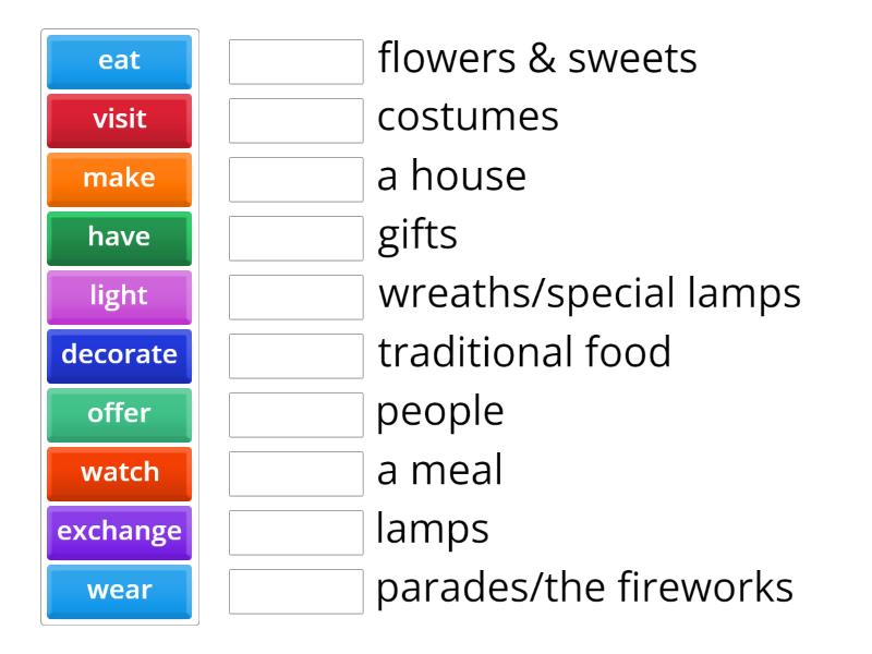 Celebrations vocabulary - Match up