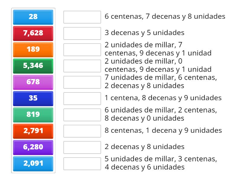 Unidades, decenas, centenas y unidades de millar - Match up
