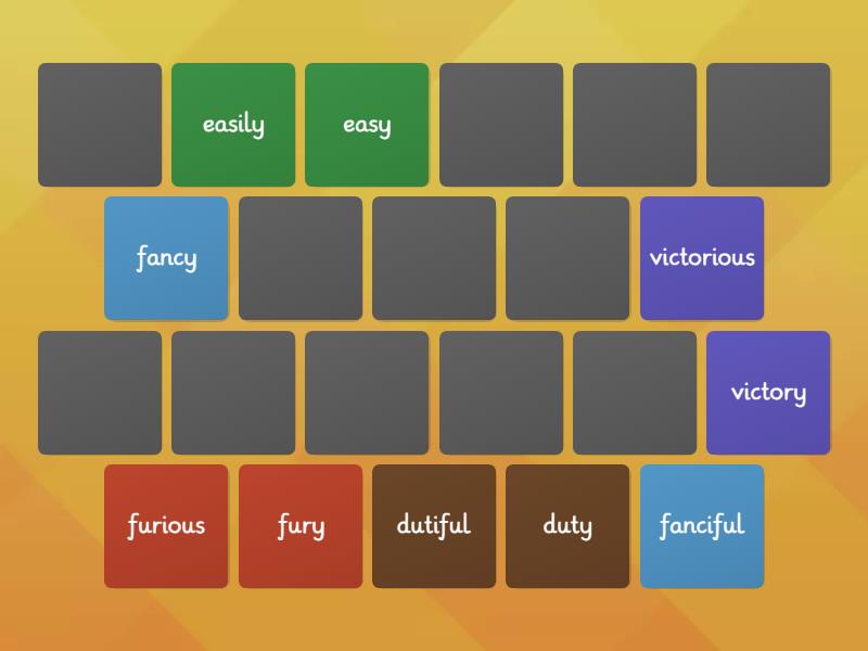 Memory- Adding Suffixes (y to i) -ous, -ful, -ly, ness, less - Matching ...