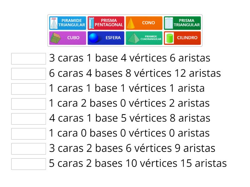 PRISMAS, CARAS, BASES, VERTICES Y ARISTAS - Match up