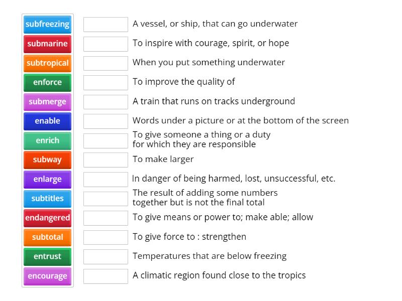 Prefixes sub- and en- - Match up