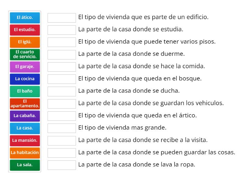 Vocabulario sobre los tipos de vivienda y sus partes - Połącz w pary