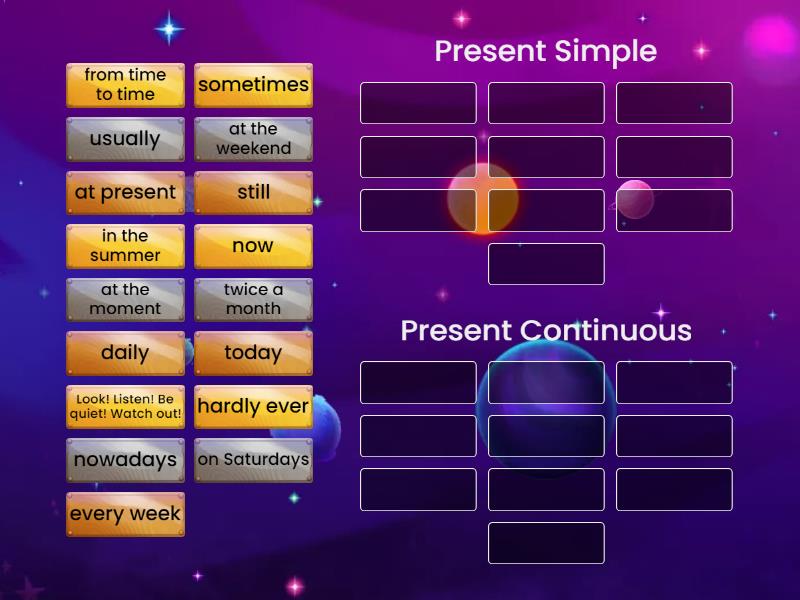 Present Simple and Continuous Time markers - Ordenar por grupo