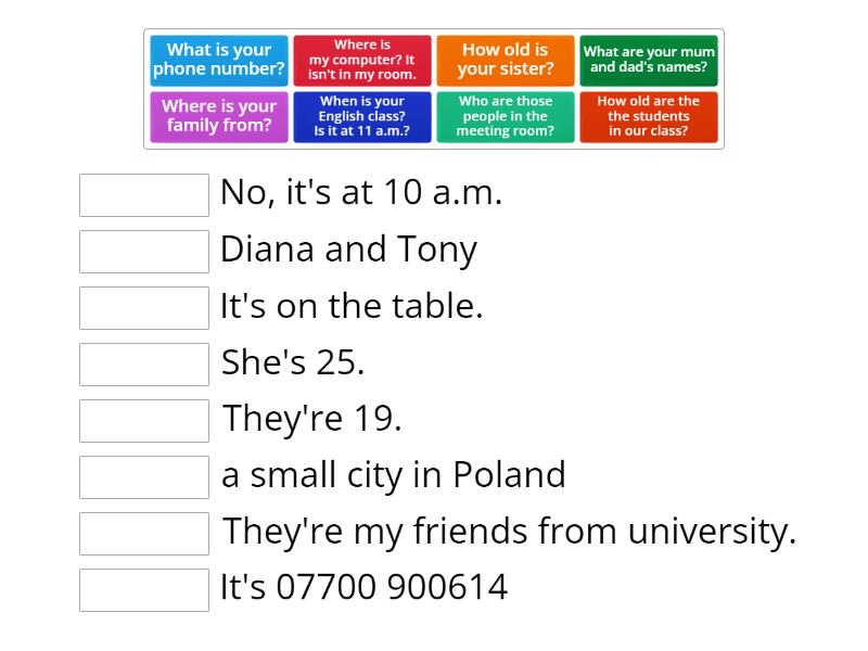 Roadmap A1. Unit 2C. p 119 (questions with be) ex.2 - Une las parejas