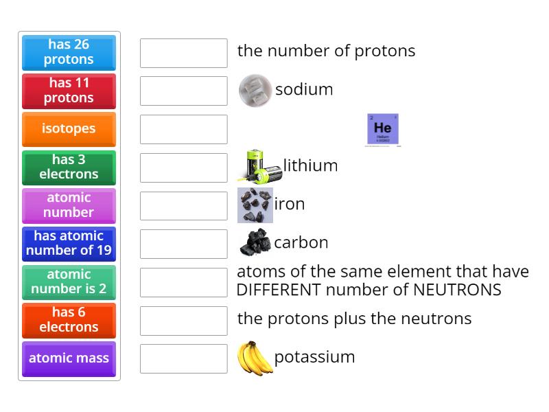 match electrons, protons to element - Match up