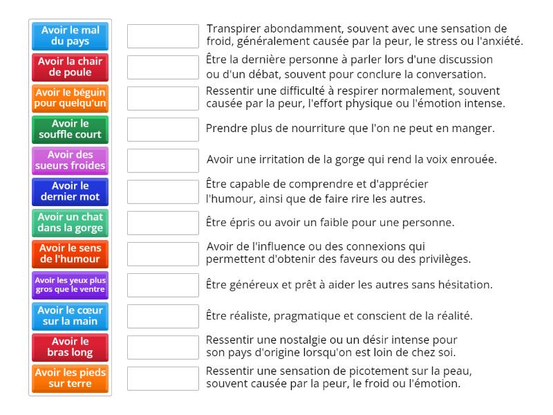 Expression avec le verbe AVOIR - Match up