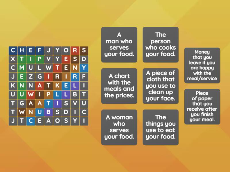 Restaurant vocabulary - Wordsearch