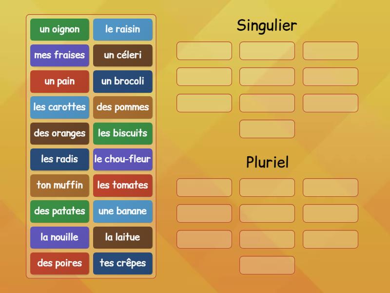 Classe les aliments dans le bon groupe: singulier ou pluriel? - Group sort