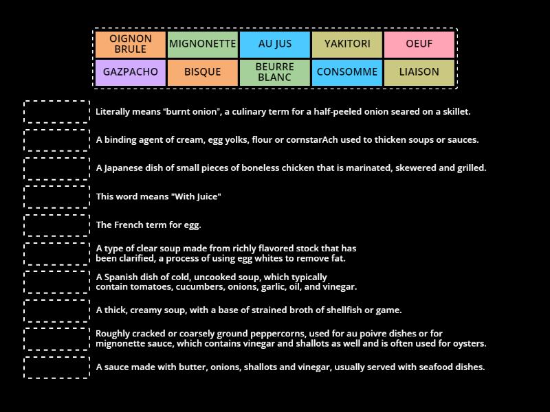 INTERNATIONAL CULINARY TERMS - Match up