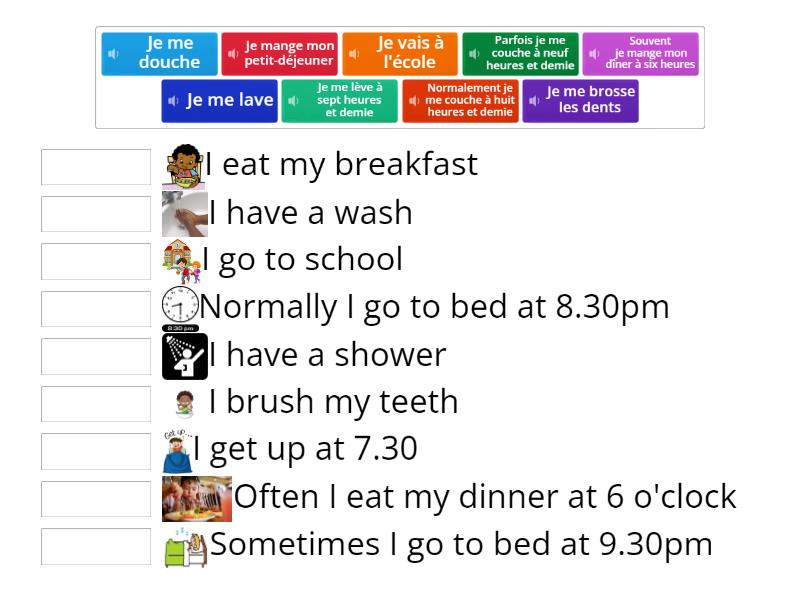 Find the match - French daily routine sentences, Year 6 - Match up