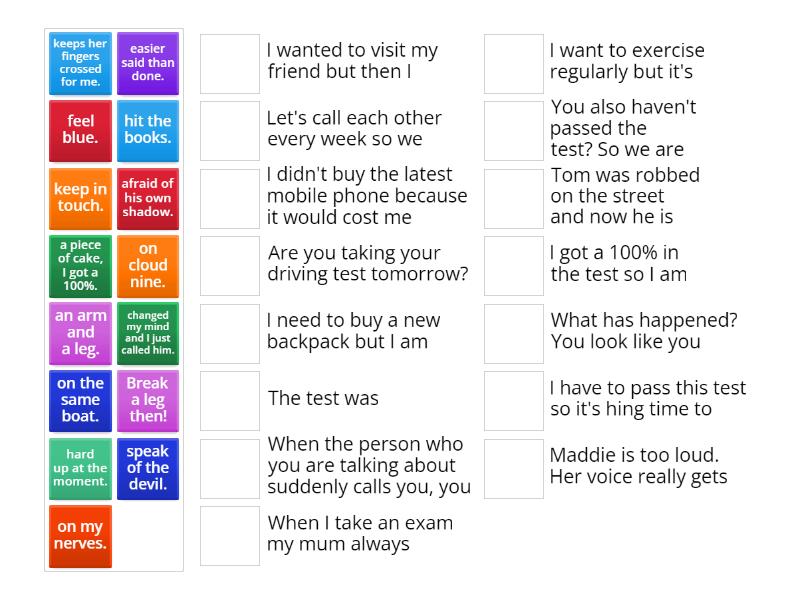 English sayings and idioms in sentences. - Match up