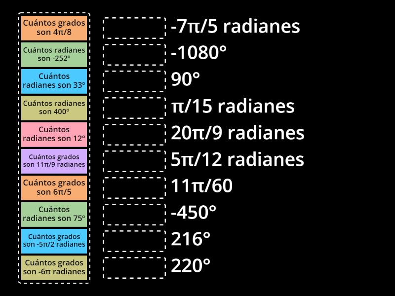 Repaso: Radianes y grados - Une las parejas