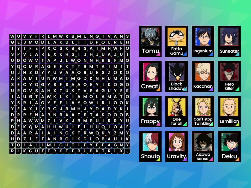Boku No Hero Academia characters - Wordsearch