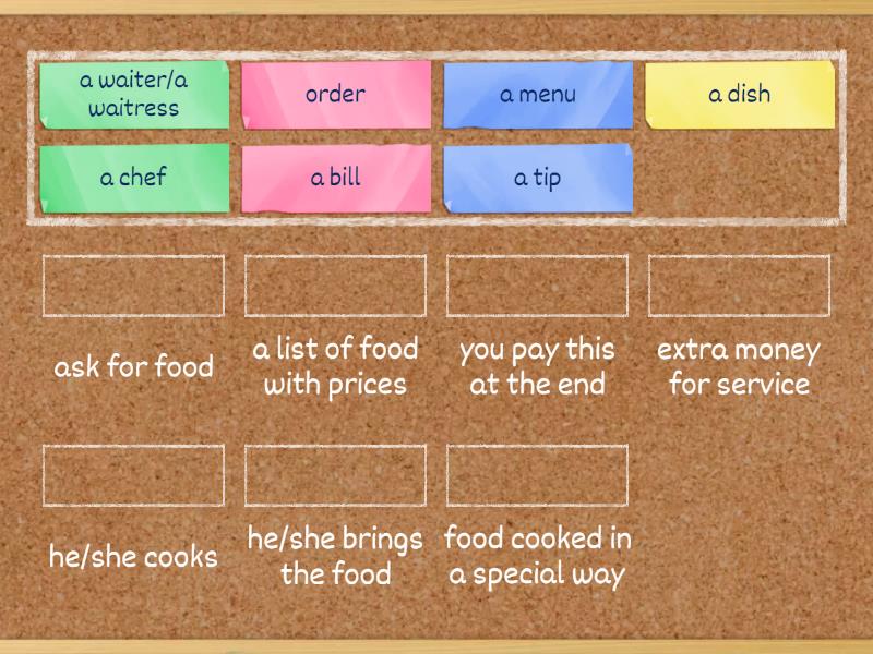 Match each word to its meaning. Restaurant words. - Match up