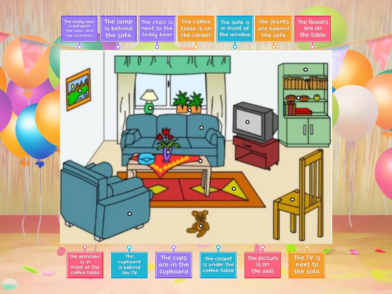 Prepositions of place (living room) - Диаграмма с метками