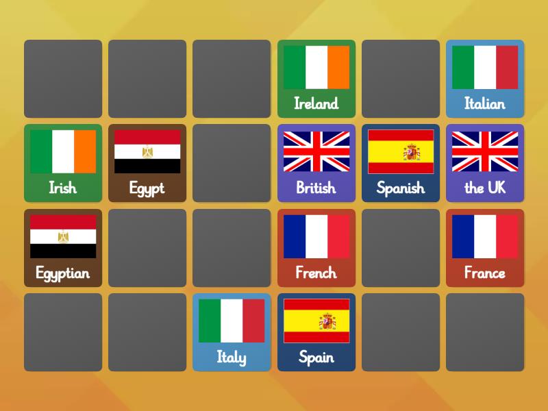 Countries and nationalities - Memory game - Matching pairs
