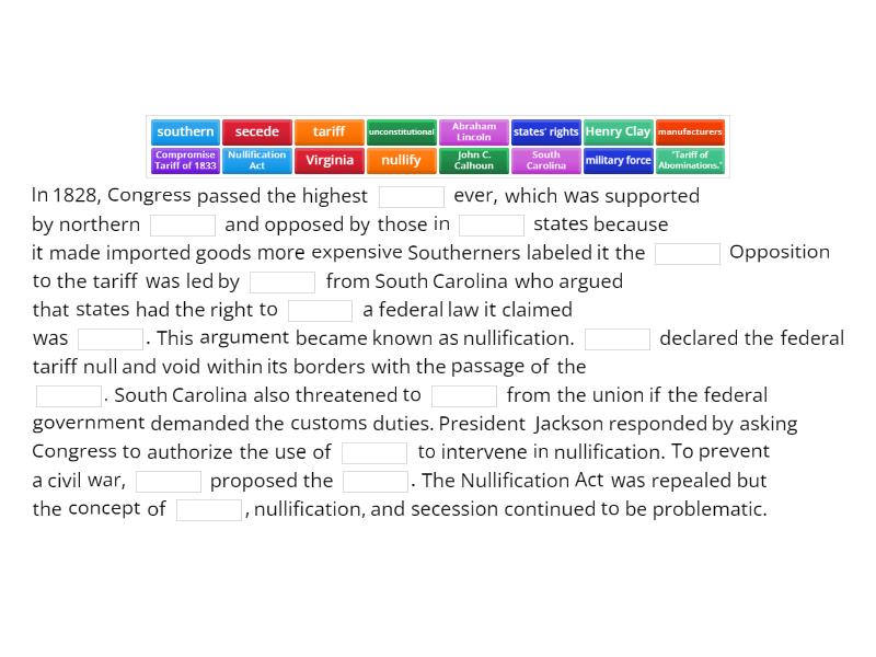 Nullification Crisis Review - Complete the sentence
