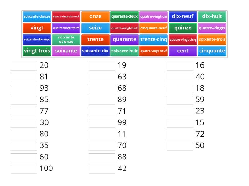 Les nombres 0-100 - Match up