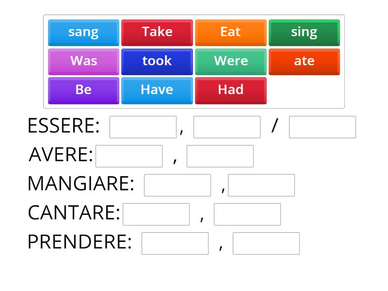 1. IRREGULAR VERBS: scrivi forma base, past simple - Complete the sentence