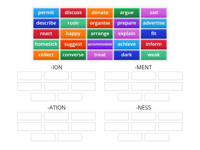 Word formation (Noun suffixes - ness, -ment, -ion, -ation) - Group sort