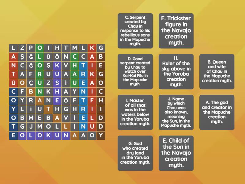 Creation Myth Word Search (Mapuche, Navajo, Yoruba) - Sopa de letras