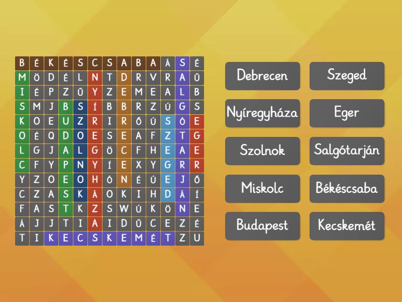 Megyeszékhelyek 1 - Wordsearch