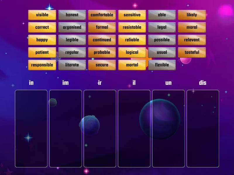 Negative prefixes with adjectives - Group sort