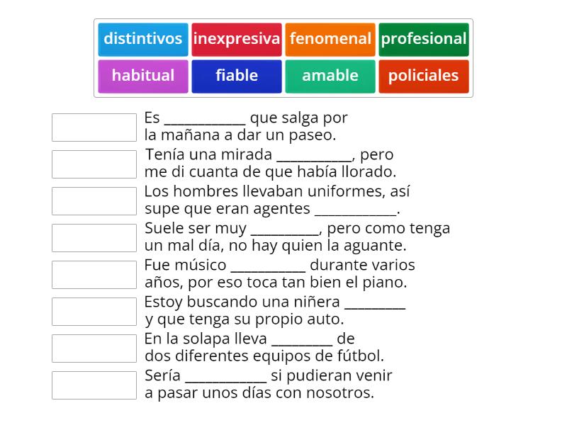 Sufijos adjetivales -oso, -ivo, -able, -ial, -al - Match up