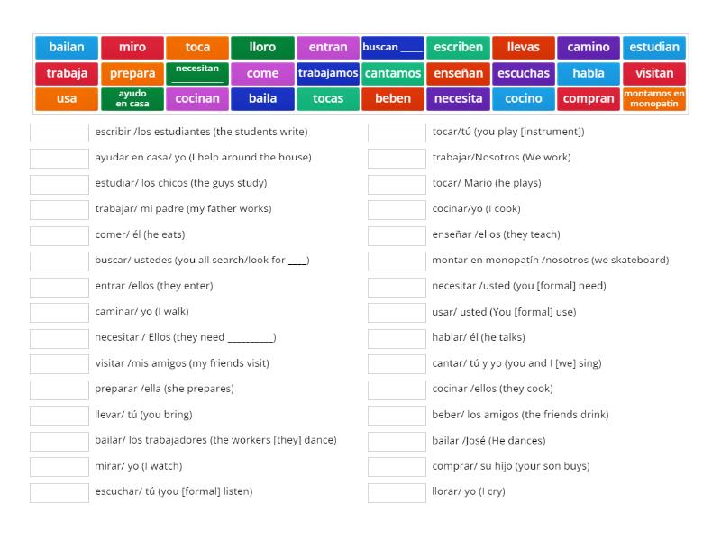_ar, -er and -ir ending verbs- Conjugate. - Match up