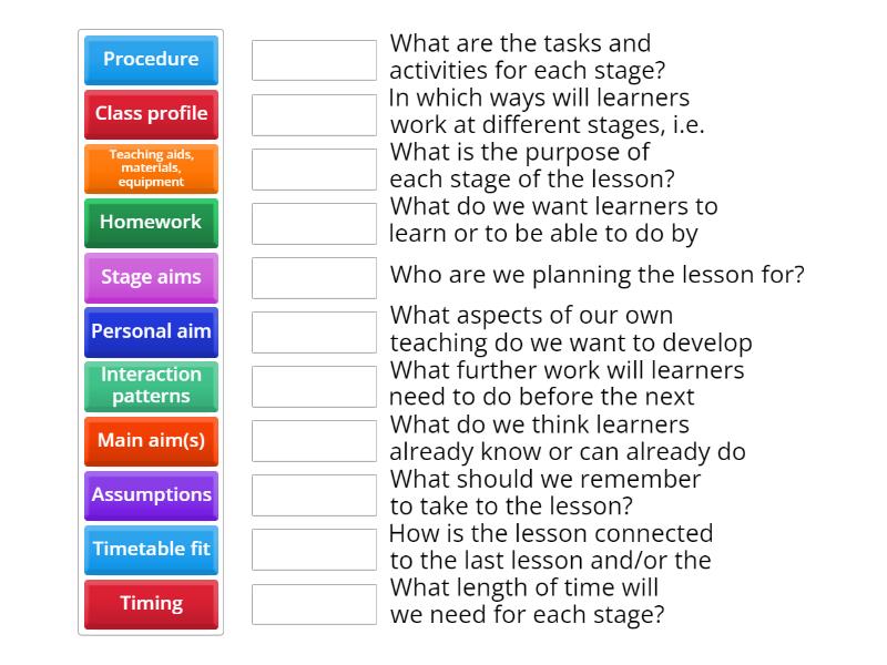 Components of lesson plan - Match up