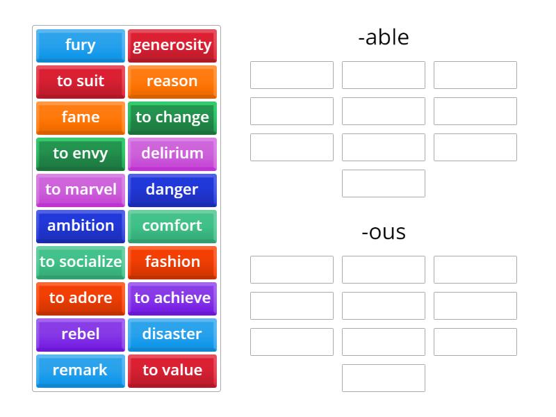 Adjectives -able, -ous - Group sort